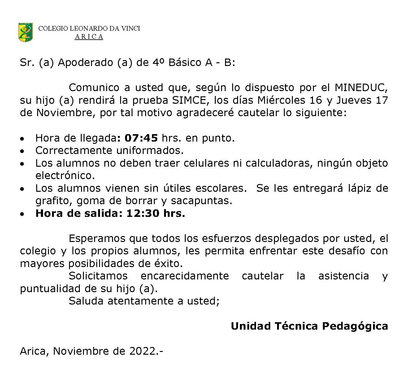 Comunicado Simce 4to básicos – Colegio Leonardo Da Vinci